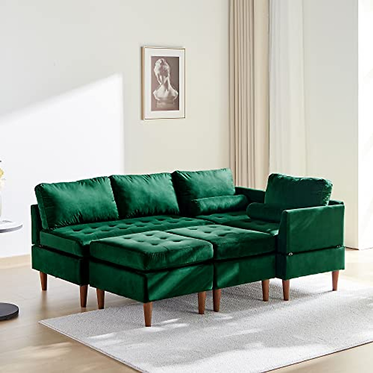 wirrytor Modular Sectional Sofa, Velvet U Shaped Couch, Modular Sectional with Reversible Ottomans for Living Room, Green