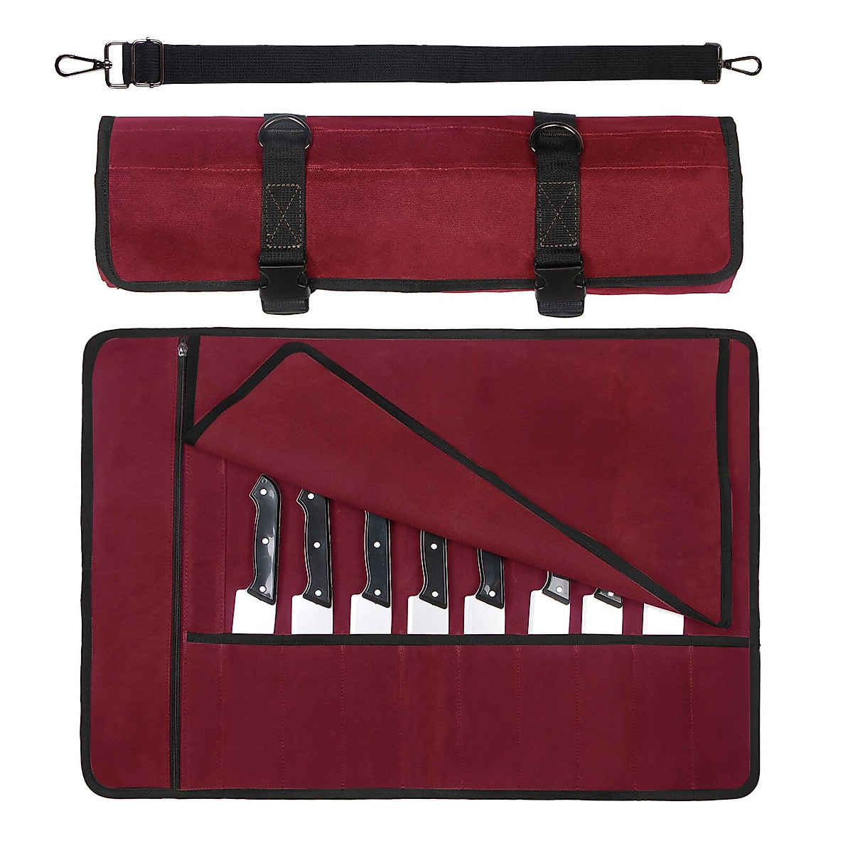 Chef Knife Roll Bag,Waxed Canvas Knife roll bag,Portable 10 Slots Chef Knife case with 1 Zipper Pockets,Heavy Duty Knives Roll Bags for Chef Case for Camping and Hold Home Kitchen Knife Tools Up (Red)