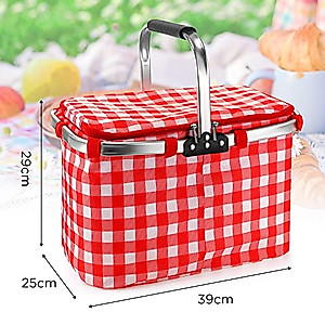28l Insulated Picnic Baskets Portable Shopping Basket Market Basket with Folding Handle Waterproof Cooler Collapsible Picnic Basket Grocery Bag for Outdoor Picnics Travel Camping, Red and White Plaid