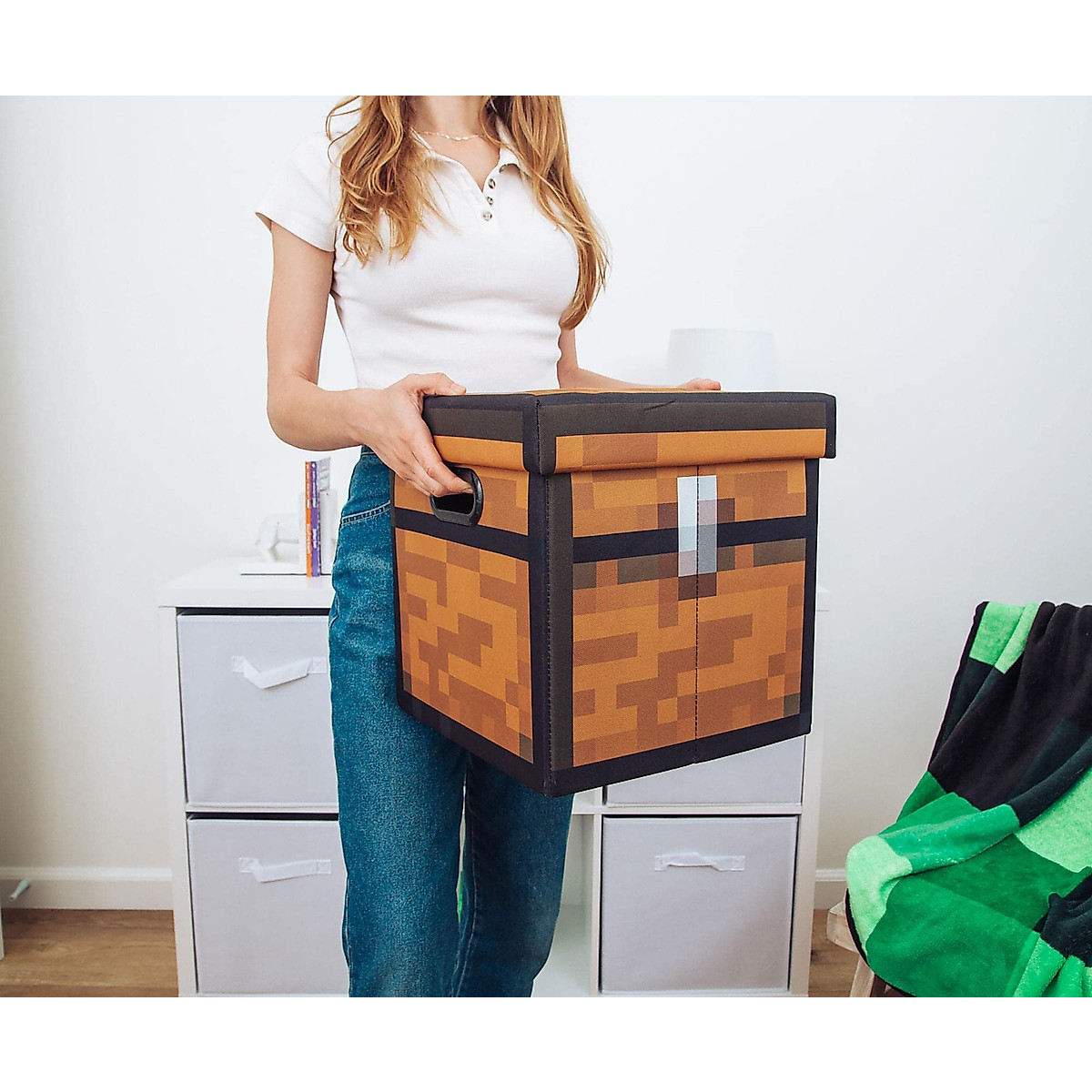 Minecraft Brown Chest 13-Inch Storage Bin Chest With Lid | Foldable Fabric Basket Container, Cube Organizer With Handles, Cubby For Shelves, Closet | Home Decor Essentials, Video Game Gifts