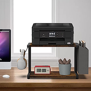 VEDECASA 2 Tier Rustic Brown Wooden Under Desk Printer Stand with Storage Bag for Home Office Desktop Printer Table Organizer Mobile Printer Shelf Cart with Caster Wheel