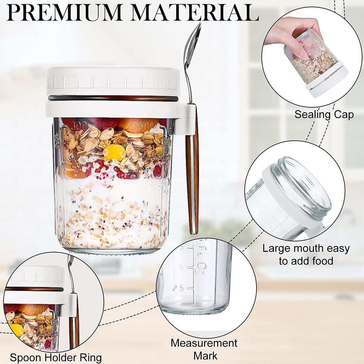 8 Pcs 10 oz Overnight Oats Containers with Lids and Spoons Large Capacity Airtight Oatmeal Overnight Oat Jars with Measurement Marks Oatmeal Container for Milk Cereal Fruit (White)
