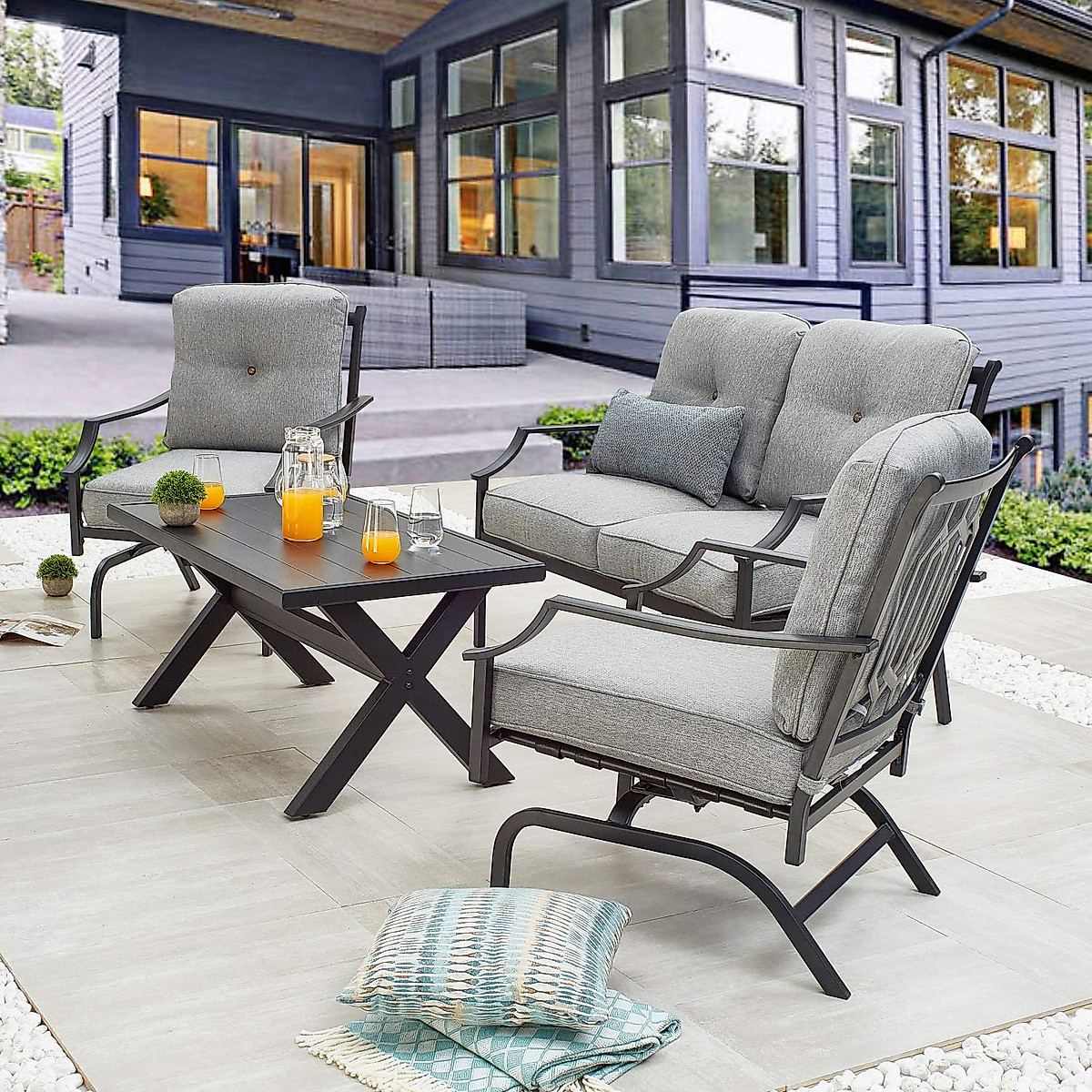 PatioFestival Patio Conversation Set Metal Outdoor Furniture Sets All Weather Cushioned Loveseat & 2 Rocking Chairs & 1 Coffee Table for Poolside Lawn Yard 4pcs