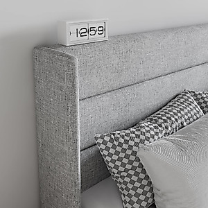 SHA CERLIN King Size Lift Up Storage Bed/Modern Wingback Headboard/Upholstered Platform Bed Frame/Hydraulic Storage/No Box Spring Needed/Wood Slats Support/Light Grey