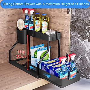 Santoy 2 Pack Under Sink Organizers and Storage, L-Shaped Pull-Out Sink Bathroom Kitchen Organizer with Hooks and Hanging Cup, 2 Tier Under Sink Cabinet Baskets Shelf with Sliding Drawers，Black