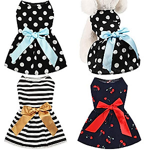 3 Pieces Cute Ribbon Dog Dress for Small Medium Dogs Puppy Shirts Dog Clothes Pet Apparel for Cats in Wedding Holiday Christmas New Year Spring Summer (White Dots, Black White Stripes, Cherries,M)