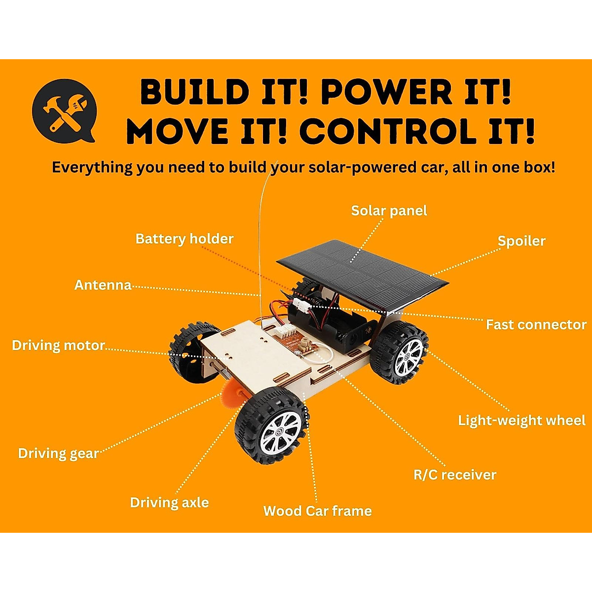 Pica Toys Solar-Powered Car V300, Wooden STEM Kit with Wireless Remote Control for Boys and Girls, Hybrid Powered by Solar Power and Batteries, Educational Motor Toy Gift for Kids Aged 8-12