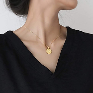 Dtja Carved Gold Coin Pendant Necklace for Women Girls 925 Sterling Silver 18K Gold Plated Simple Round Chain Goddess Worship Celebrity Medal Reversible Keepsake Chic Choker Fashion Jewelry Gifts Box