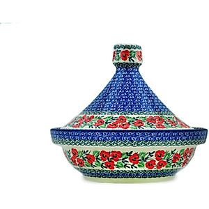 Authentic Polish Pottery Tagine Pot in Red Pansy Design Handmade in Bolesławiec Poland by Ceramika Artystyczna + Certificate of Authenticity