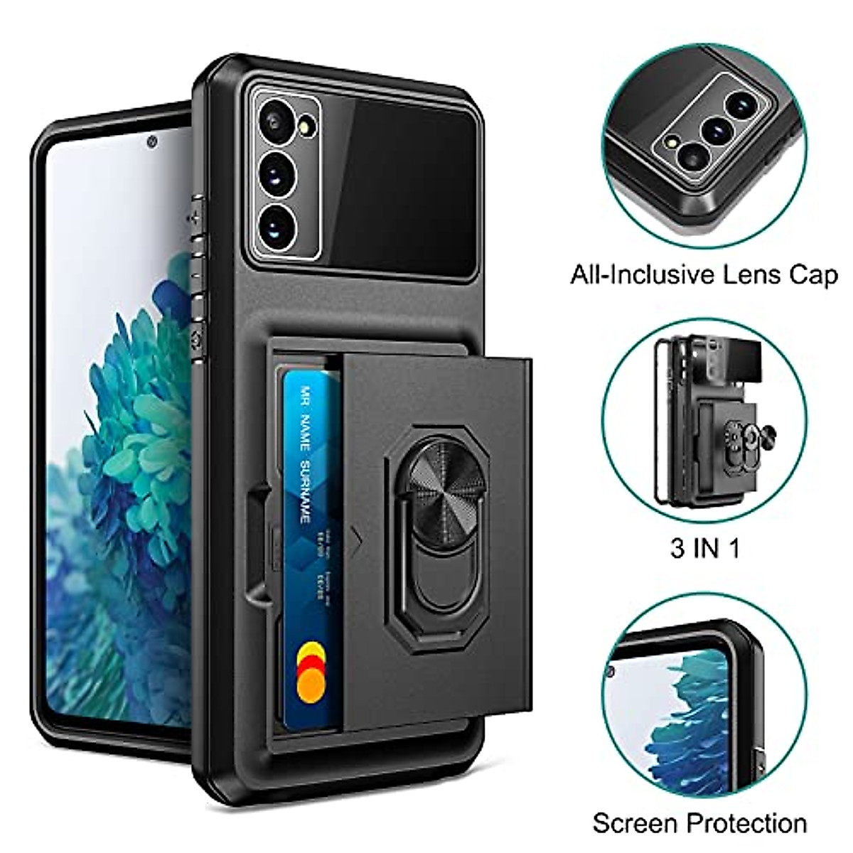 Vofolen Case for Galaxy S20 FE 5G Wallet Credit Card Holder ID Slot Sliding Door Hidden Pocket with 360°Swivel Kickstand 3 in 1 Hybrid Bumper Rugged Phone Case for Samsung Galaxy S20 FE Case Black