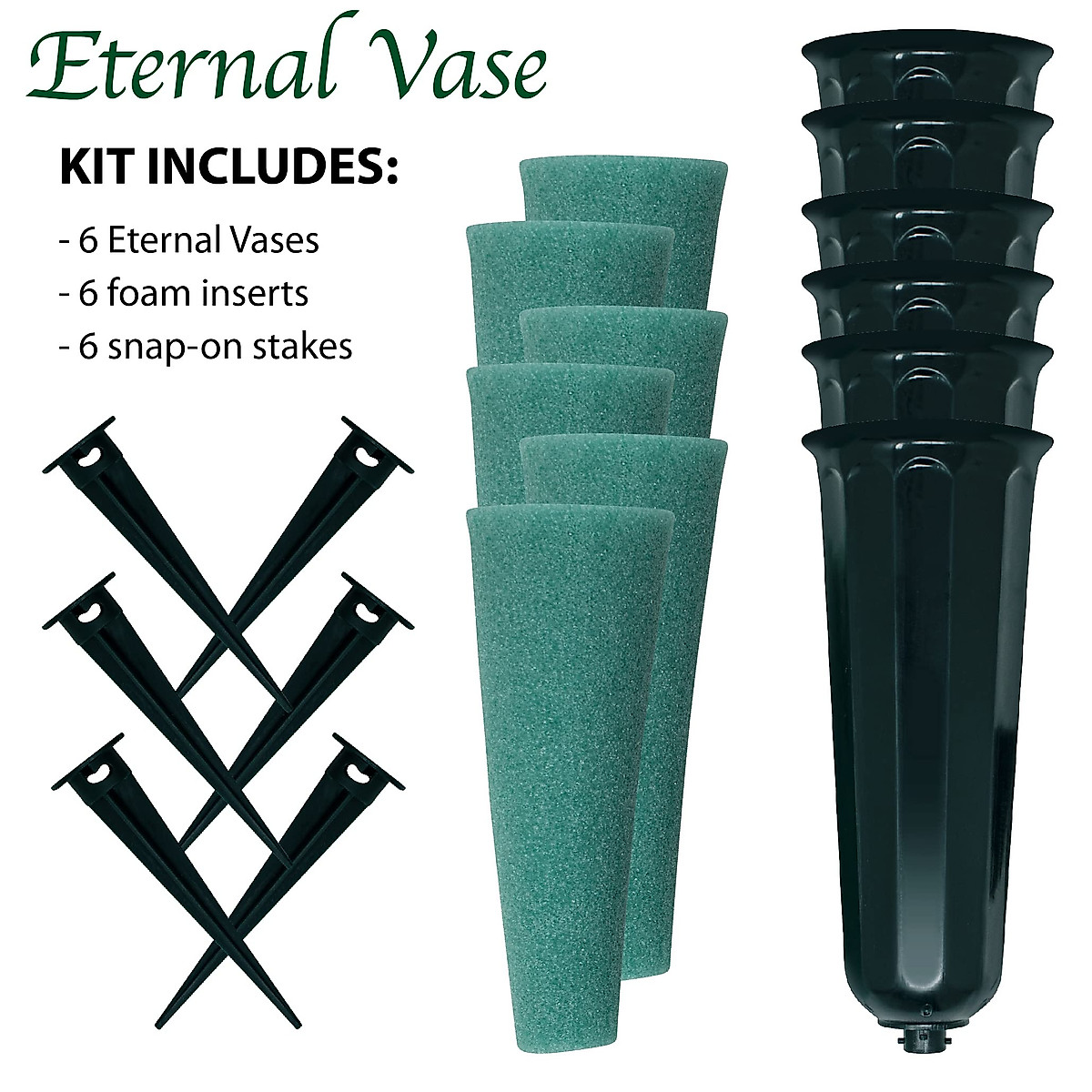 Essentially Yours Memorial Floral Vases with Foam Included - (Green, 6 Pack) | Outdoor In Ground Vases with Stakes, for Fresh and Artificial Flowers
