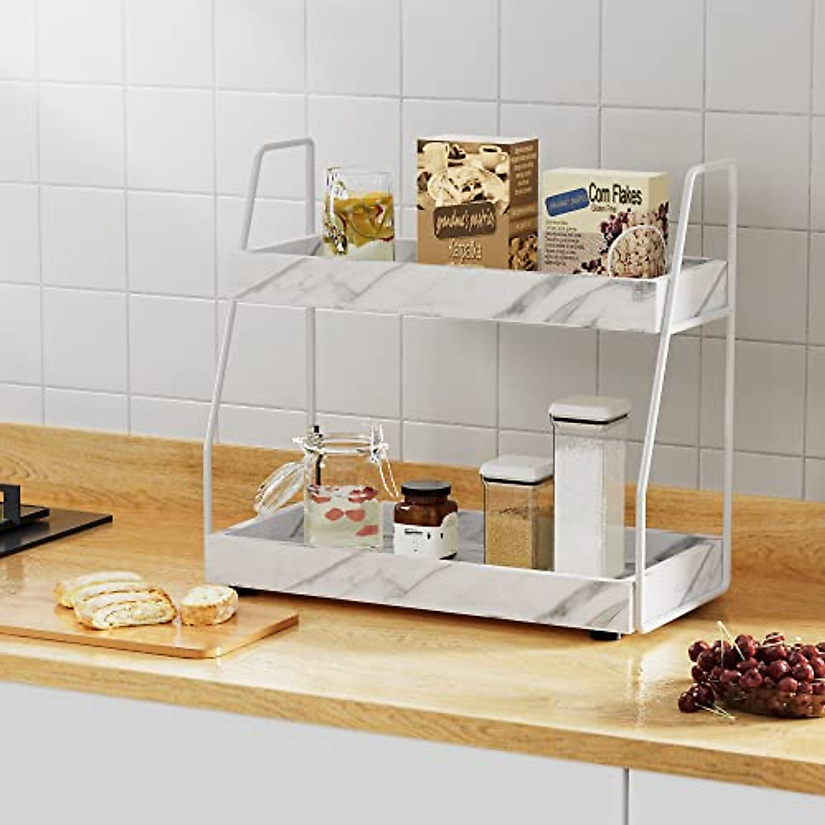 ZGO 2-Tier Bathroom Organizer Countertop, Marble Faux Leather Bathroom Counter Organizer, Makeup Organizer for Vanity Organizers and Storage, Kitchen Storage Bathroom Trays for Counter(White Marble)