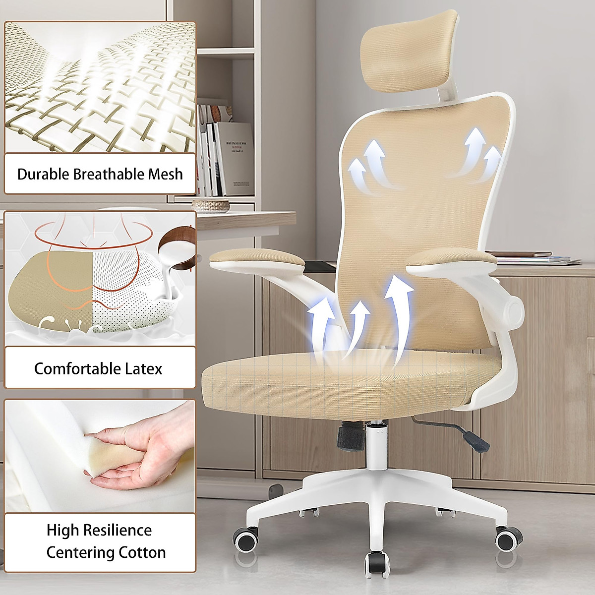 SenceHome Office Chairs, Ergonomic Office Chair, High Back Desk Chair with Adjustable Headrests, Lumbar Support and Flip-up Armrests, Breathable Mesh Computer Chair for Home Office (Khaki)
