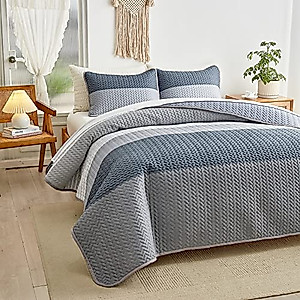 Striped Cotton Quilt Set King Size with White Gray Stripes Soft Cotton Reversible 3pc Quilt Bedding Set, Coverlet, Bedspread with 2 Pillow Shams