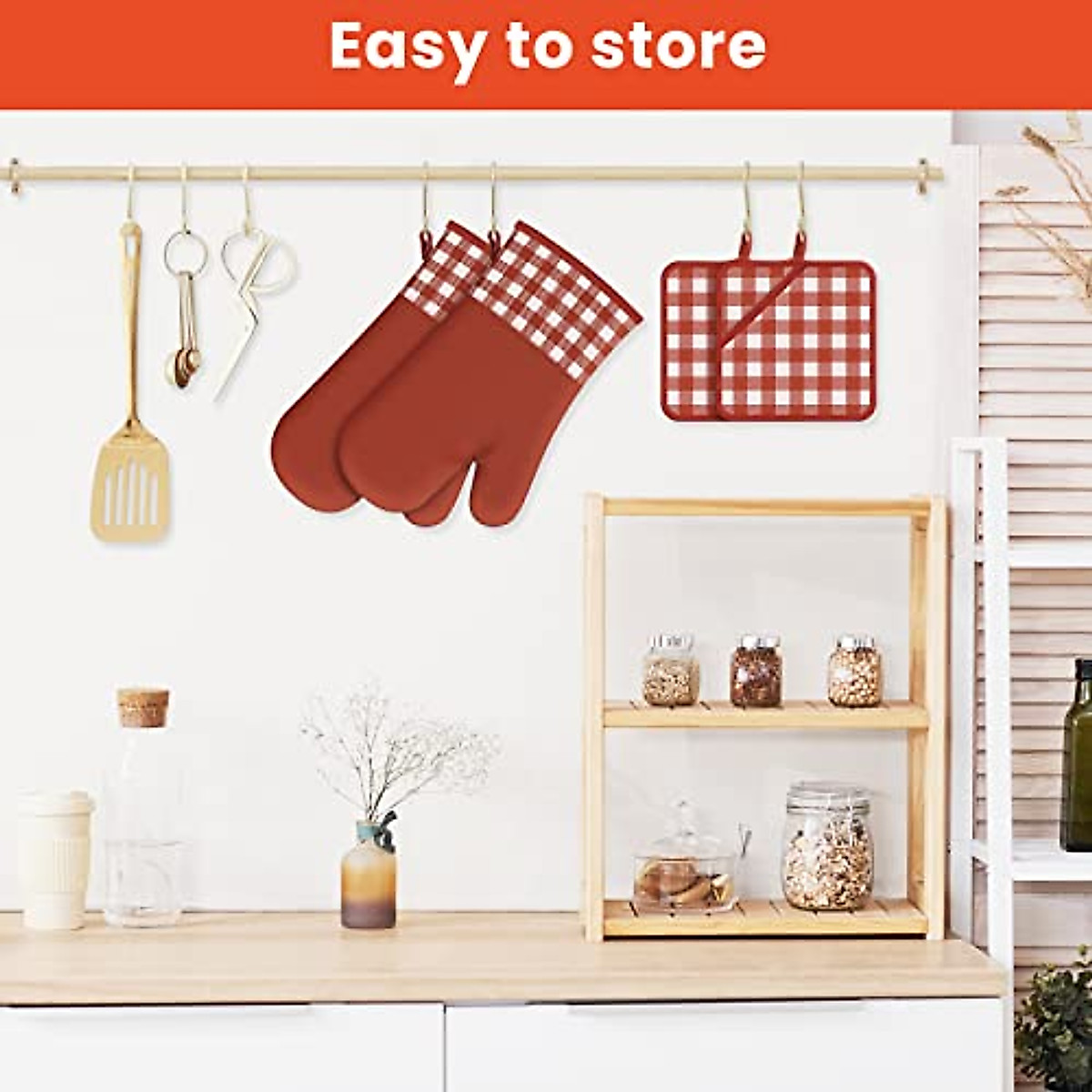 Oven Mitts and Pot Holders, 4 Piece Heat Resistant Thick Cotton Oven Mitts, Comfortable Cotton Oven Gloves for Cooking, Baking and Grilling, Red Plaid