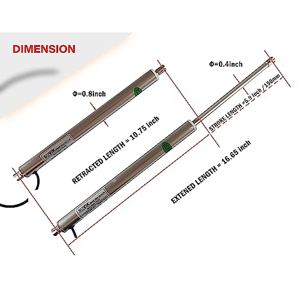SOViK 12V DC Micro Linear Actuator 6 inch Stroke Max Force 22lbs Speed 0.5"/sec Tube Diameter 0.8" Internal Limit Switch