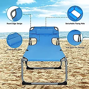 BANGTANE Tanning Chair, Lounge Chair for Outside, Portable Folding Beach Lounger w/ 5 Backrest Positions, Face Hole & Removable Pillow, 331LBS, Ideal for Poolside, Beach, Garden (Blue)