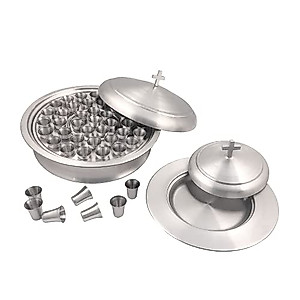 Communion Ware Holy Wine Serving Tray with A Lid & A Stacking Bread Plate with A Lid + 40 Cups - Stainless Steel (Matte)
