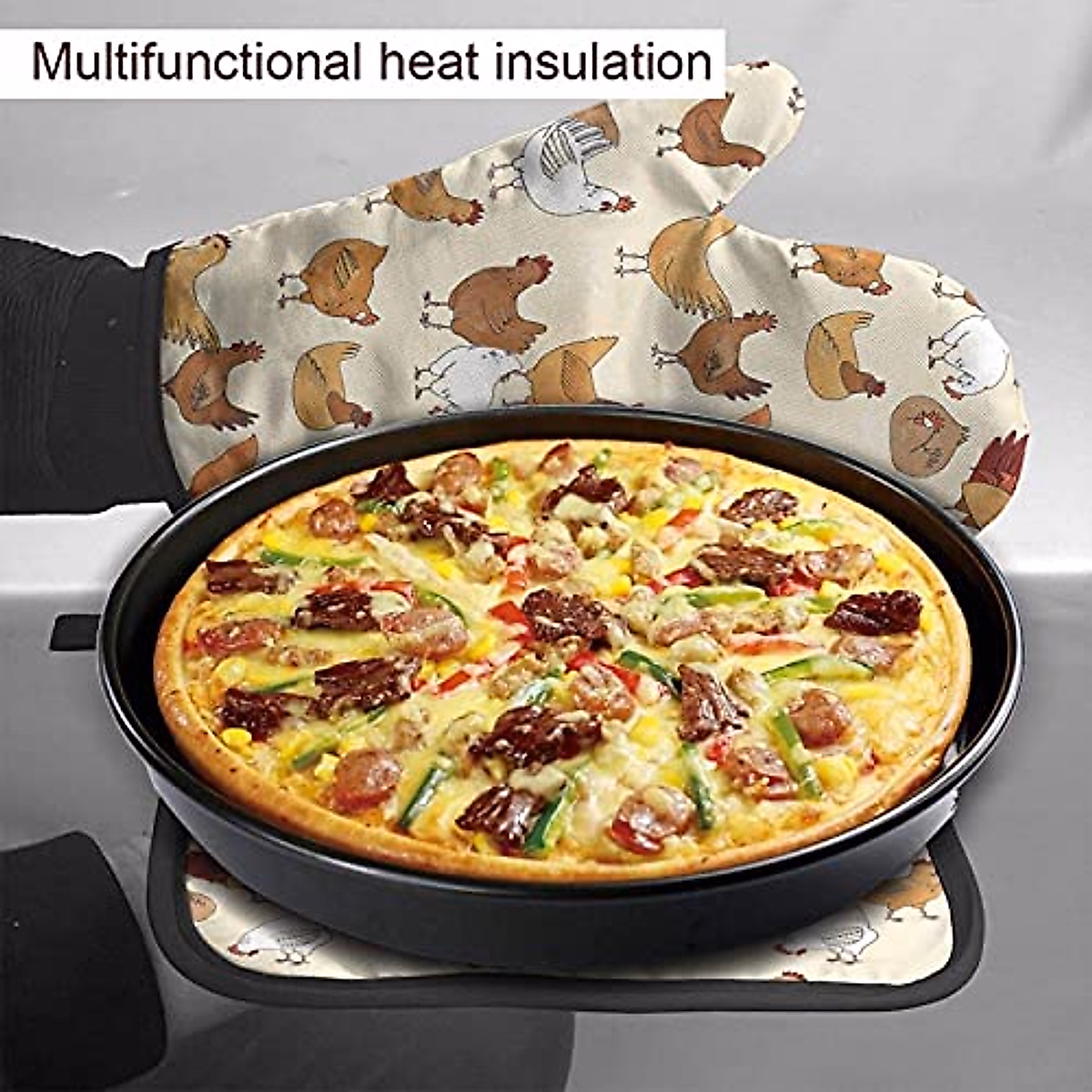 A Brood of Chickens Oven Mitts and Pot Holders Sets,Heat Resistant Non Slip Kitchen Gloves Hot Pads with Inner Cotton Layer for Cooking BBQ Baking Grilling