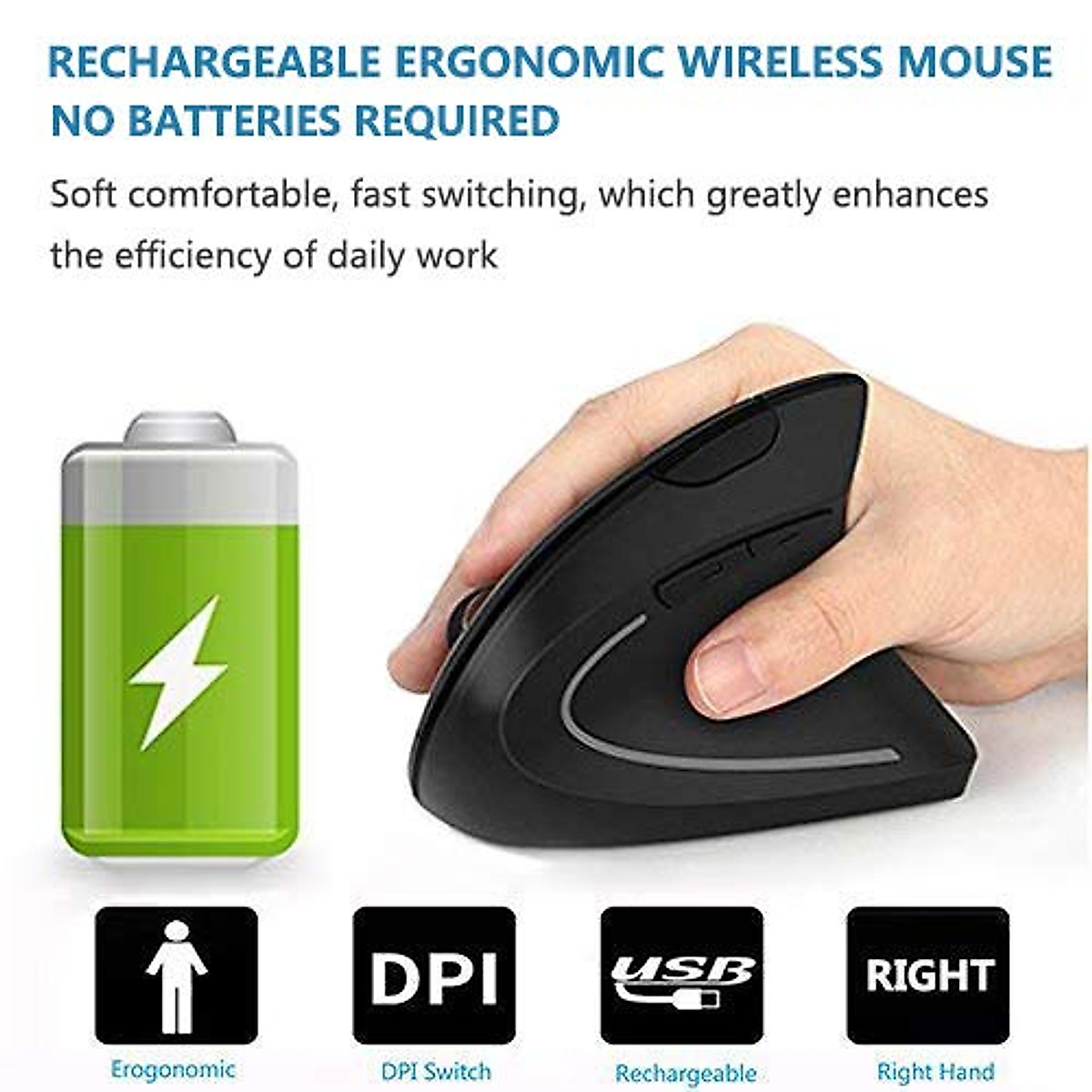 Acedada Ergonomic Mouse, Vertical Wireless Mouse, Rechargeable Optical Ergo Mice, 800/1200 /1600 DPI, 5 Buttons for Laptop, Desktop, PC, MacBook - Black