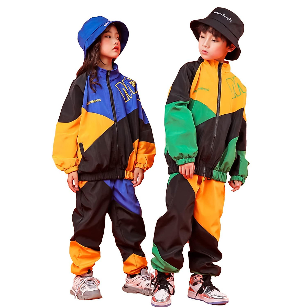LOLANTA Kids Color Block Jacket Track Pants Sets Dance Outfits Sportswear Unisex (8-10 Green)