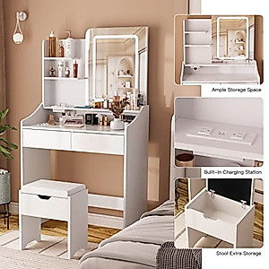 Vabches Vanity Desk with LED Light Mirror and Charging Station, Small Cute Vanity Set with 4 Storage Shelves 2 Drawers, Vanity for Girls Women with Storage Stool, Vanity Table for Bedroom (White)