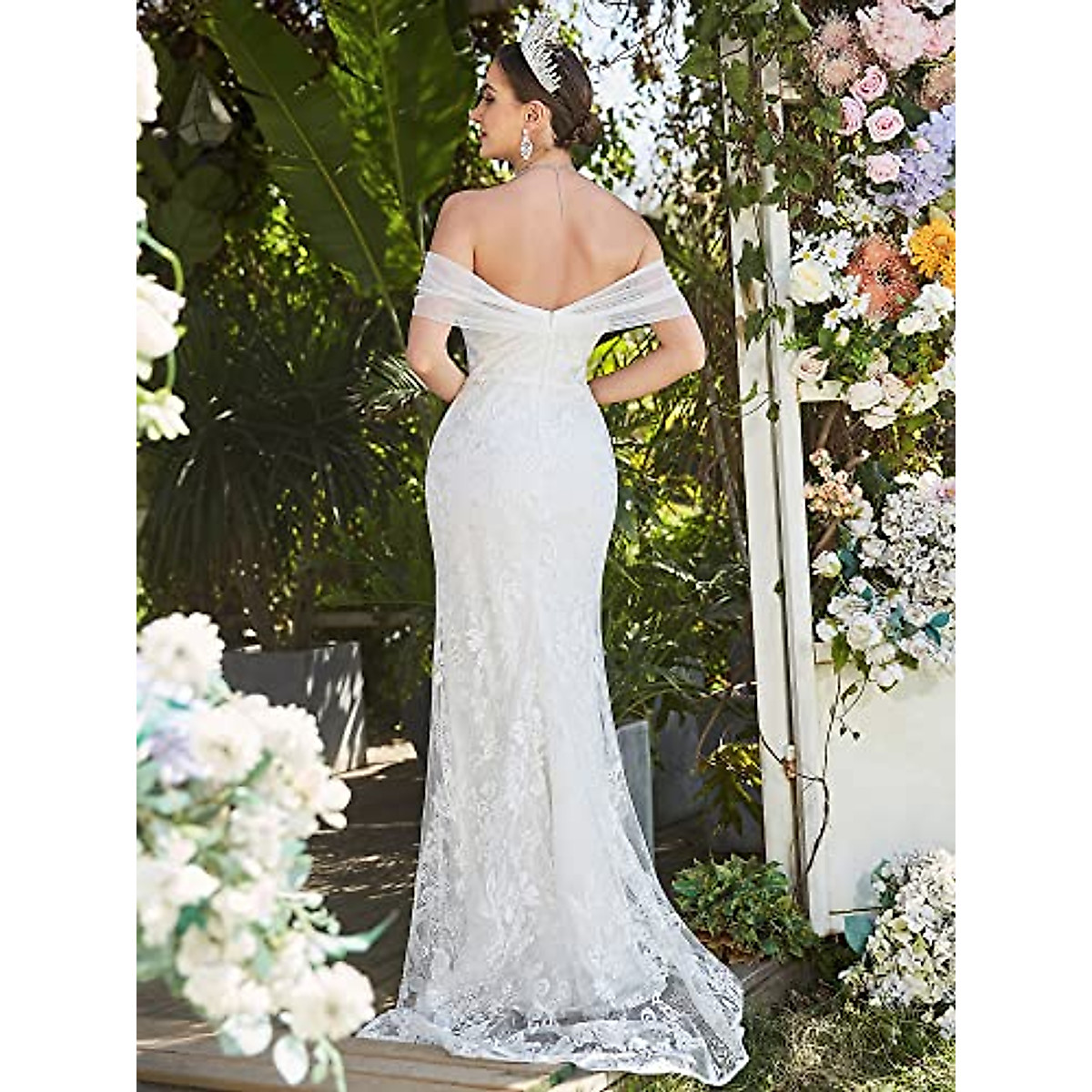 Ever-Pretty Women's V Neck Lace Maxi Mermaid Wedding Dress with Sweep Train White US4