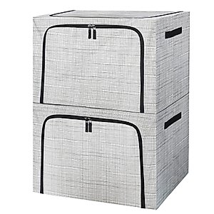 HOPABTO Blankets Storage Boxes Bins,72L 2pcs,Large Clothes Organizers,Double Opening With 4 Steel Frame,Foldable Oxford Containers for Comforters,Closet,Bedding(Gray)