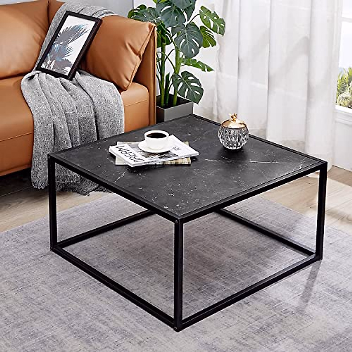 SAYGOER Black Coffee Table Small Square Coffee Tables Simple Modern Center Table for Living Room Home Office 27.6 * 27.6 * 15.7Inch, Easy Assembly, Black Faux Marble