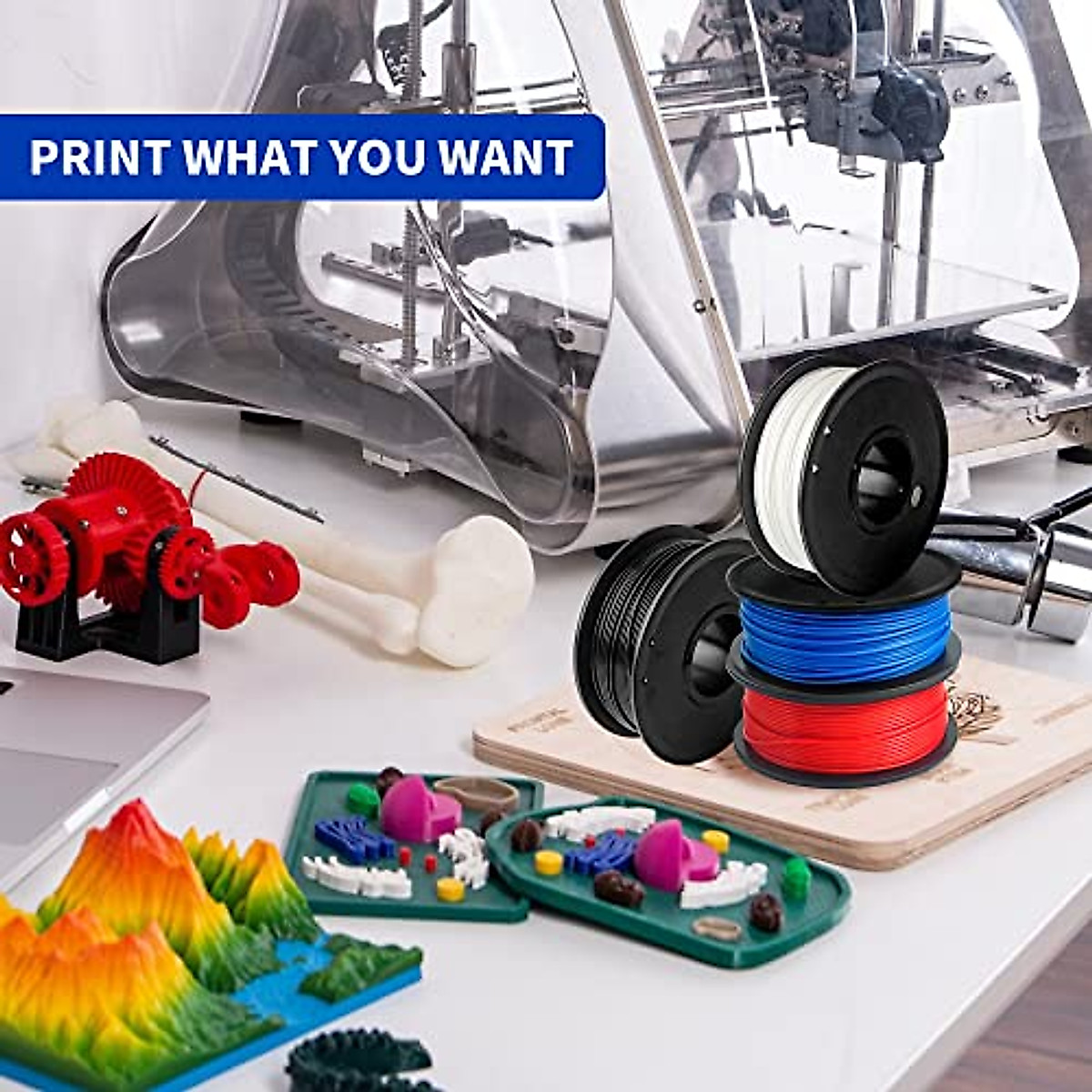 4 Pack PLA 3D Printer Filament, 4 Color PLA 3D Printer Filament 1.75mm in Total 1kg, Dimensional Accuracy +/- 0.02 Mm for 3D Printing(White, Red, Black, Blue)