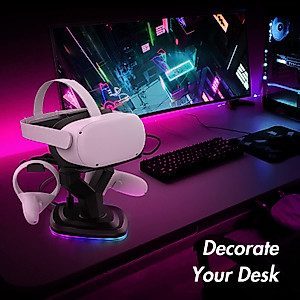AMVR RGB Stand Holder Compatible with Oculus/Meta Quest 3/Quest 3S/Quest 2/Quest Pro/Pico 4/PSVR 2, Vertical VR Headset Charging Dock, Colorful Breathing Light