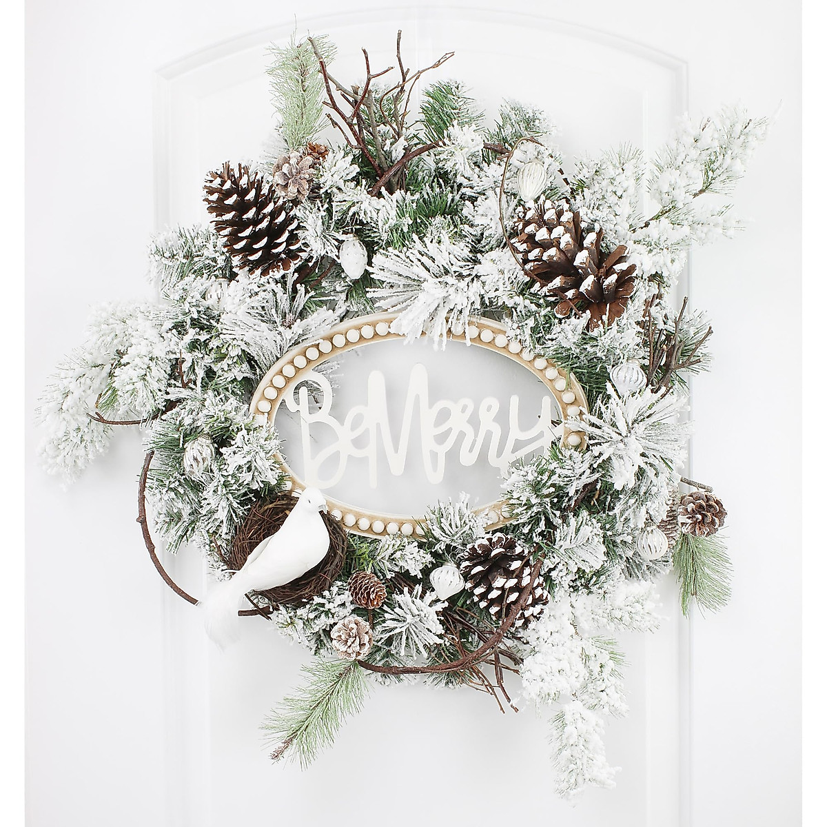 AuldHome Beaded Wooden Christmas Sign, "Be Merry" Oval Wood Holiday Decor Hanging Sign