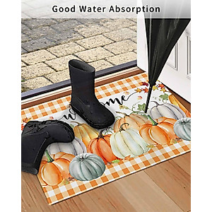 Thanksgiving Front Door Mat Outside Entrance, Harvest Pumpkin Maple Leaf Outdoor Indoor Door Mats for Entryway, Low Profile White and Orange Buffalo Plaid Funny Welcome Mat Entry Doormats 24x36 in
