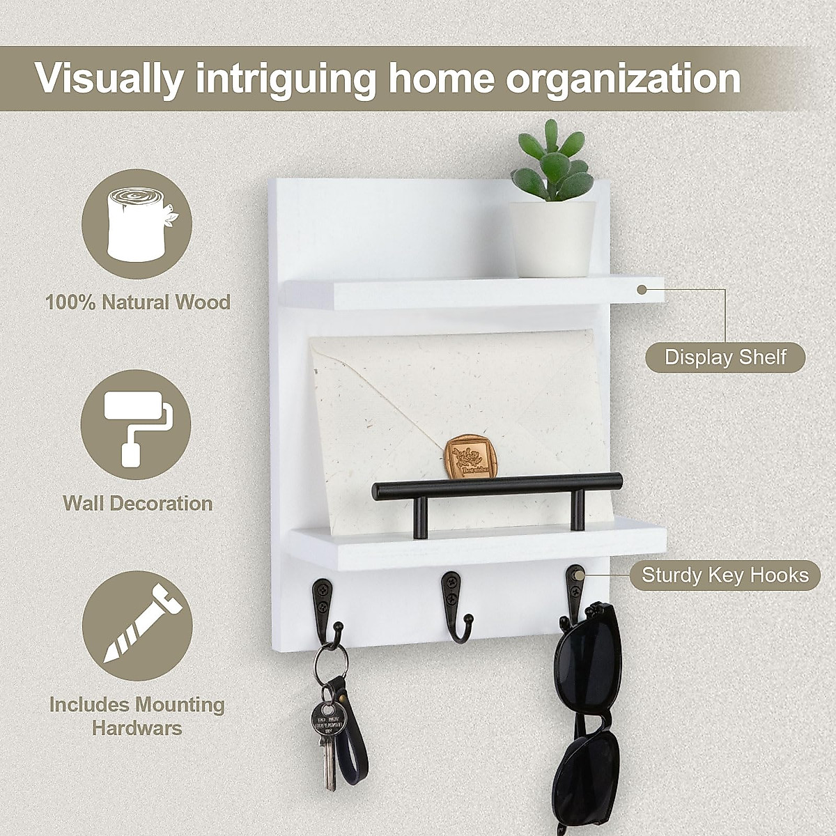 Lucundm Key Holder Wall Mount, Mail Shelf Decor with 3 Key Hooks, Versatile Wood Wall Organizer for Entryway Hallway (8.2” x 10.6”x 3.6”) (White)