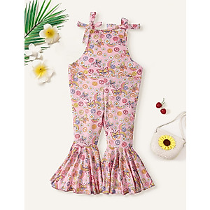 Toddler Baby Girl Romper Kids Clothes One Piece Floral Sleeveless Strap Jumpsuit Suspender Bell Bottoms Pants Summer(Pink Rainbow, 5-6 T)