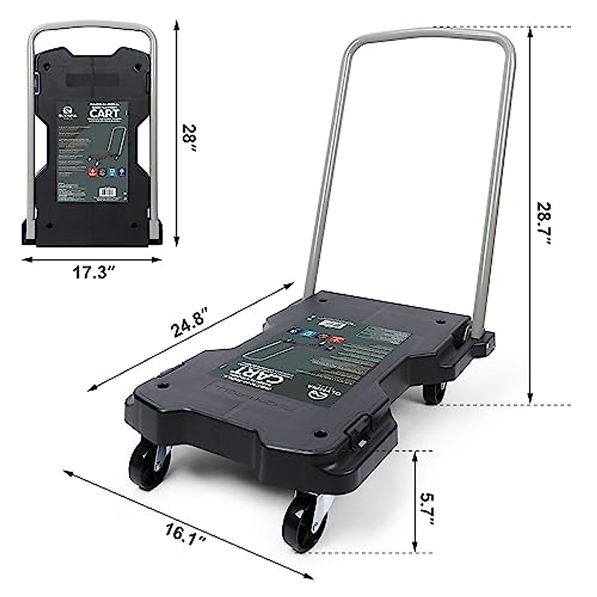 Olympia Tools Fully Folded Resin Push Cart Dolly - 330 Lb. Loading Capacity Foldable Moving Platform Cart Hand Truck - Black Collapsible Heavy Duty Folding & Rolling Flatbed Cart with 4 Swivel Wheels
