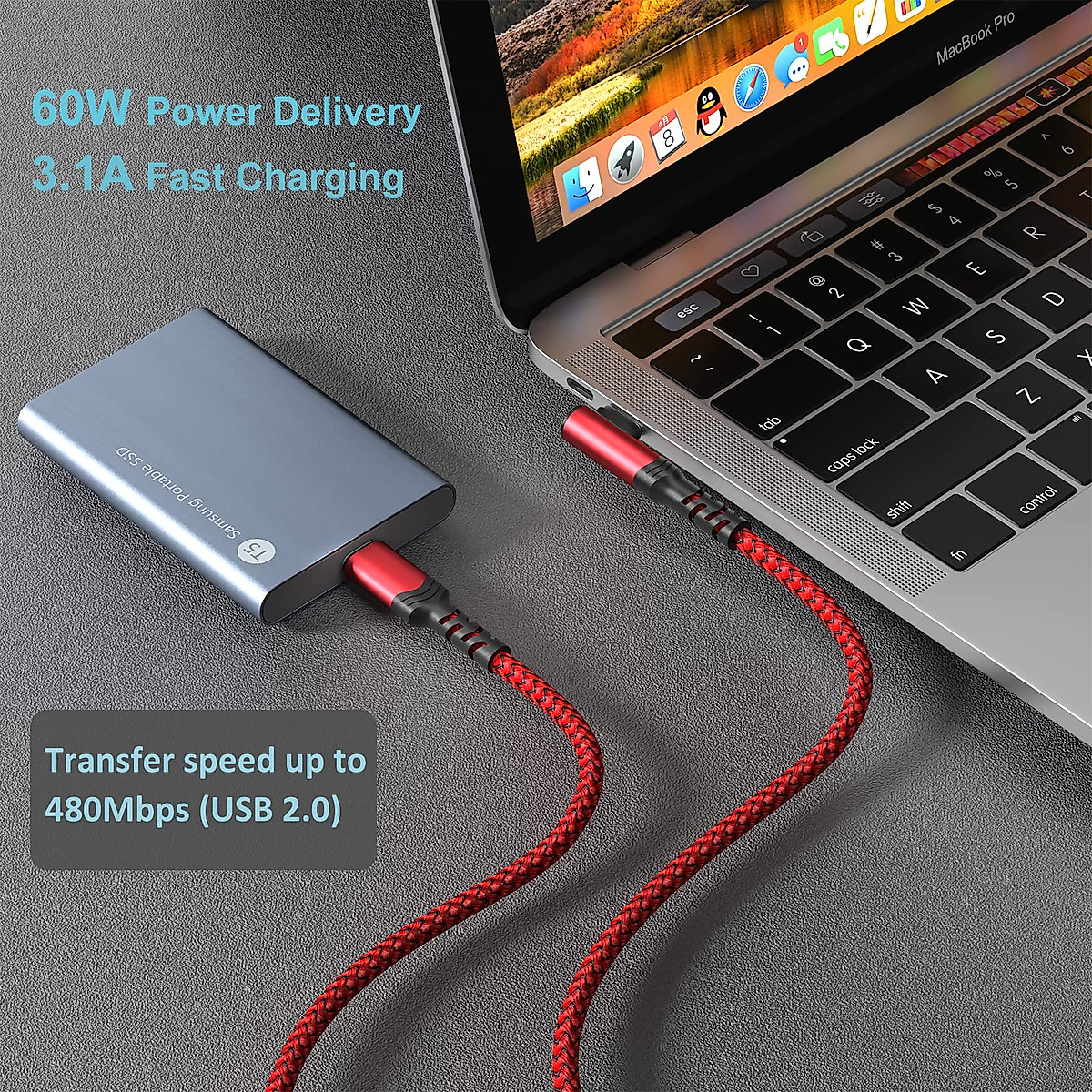 Pofesun USB C to USB C Cable 10ft, 4 Pack 60W 90 Degree Right Angle USB-C Fast Charging Cable,Braided Type C to Type C Charger Compatible for MacBook Pro,iPad Pro,Galaxy S22/S21/20/Note 20,Pixel-Red