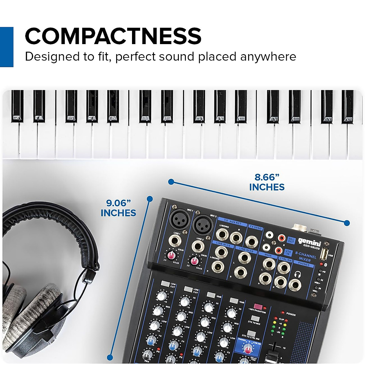 Gemini Sound GEM-08USB - 8-Channel Bluetooth Audio Mixer, Professional Compact DJ Mixer with USB Playback, Phantom Power, 3-Band EQ, and Adjustable FX