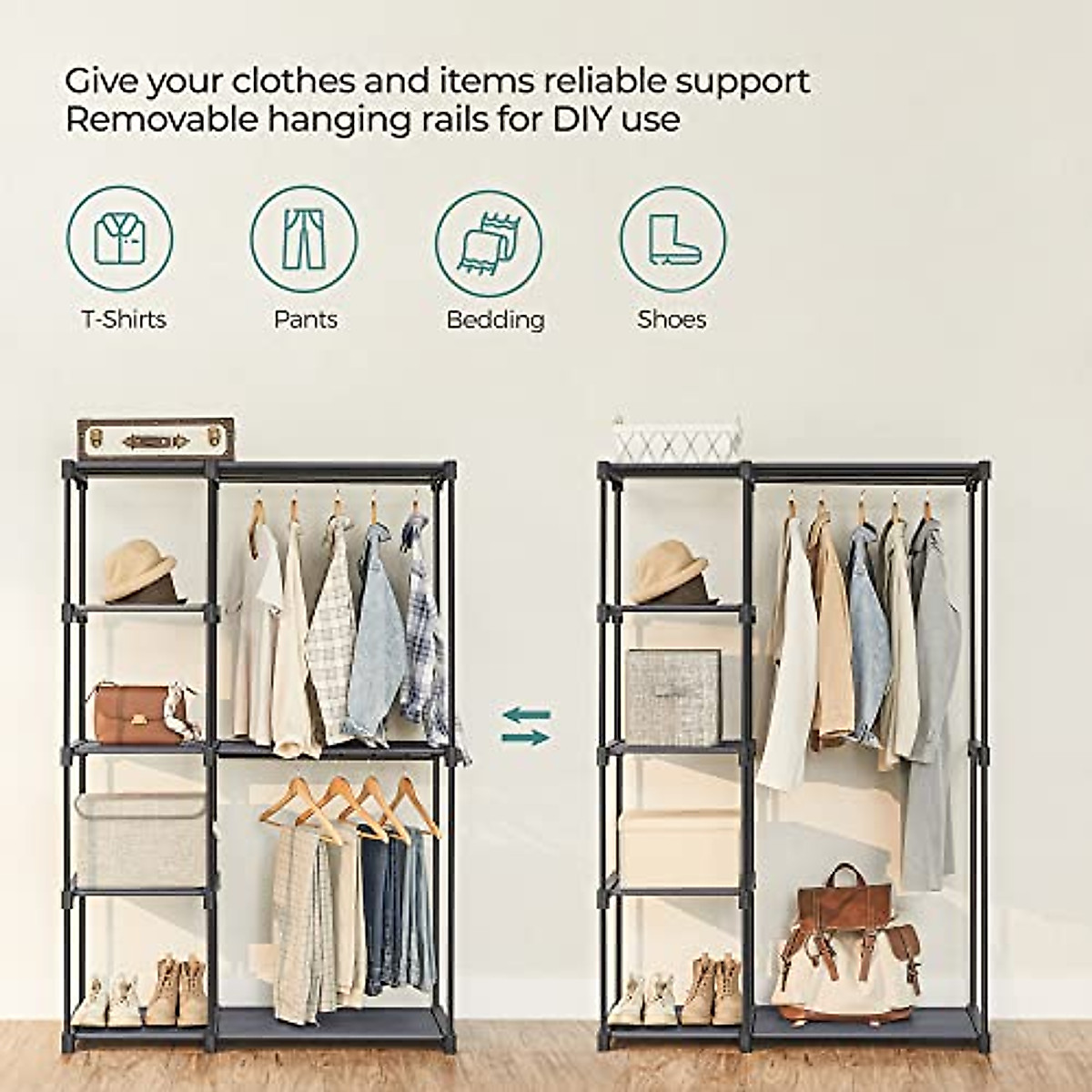SONGMICS Freestanding Closet Organizer, 44-Inch Clothes Rack with 2 Hanging Rods, Portable Wardrobe Clothes Organizer with 4 Storage Shelves, Gray URYG024G02