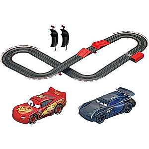 Carrera GO 63516 Official Licensed Disney Pixar Cars Battery Operated 1:43 Scale Slot Car Racing Toy Track Set with Jump Ramp Featuring Lightning McQueen and Jackson Storm for Kids Ages 5 and Up