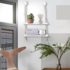 JUNNAN CAIHONG Hanging Shelves for Wall, 2 Tier Floating Shelves Wood Wall Shelves, Wall Mounted Rope Shelves for Storage and Display in Bedroom Living Room Bathroom Kitchen Office and More