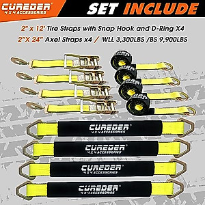 Cureder Adjustable Vehicle Tire Tie Down Straps Kit– 4pk Heavy Duty Tire Straps with Snap Hooks 9900 lbs. Working Load 3300 lbs. Lasso 4 x Axle Strap Kit for Moving Cargo, Car, Truck Accessories