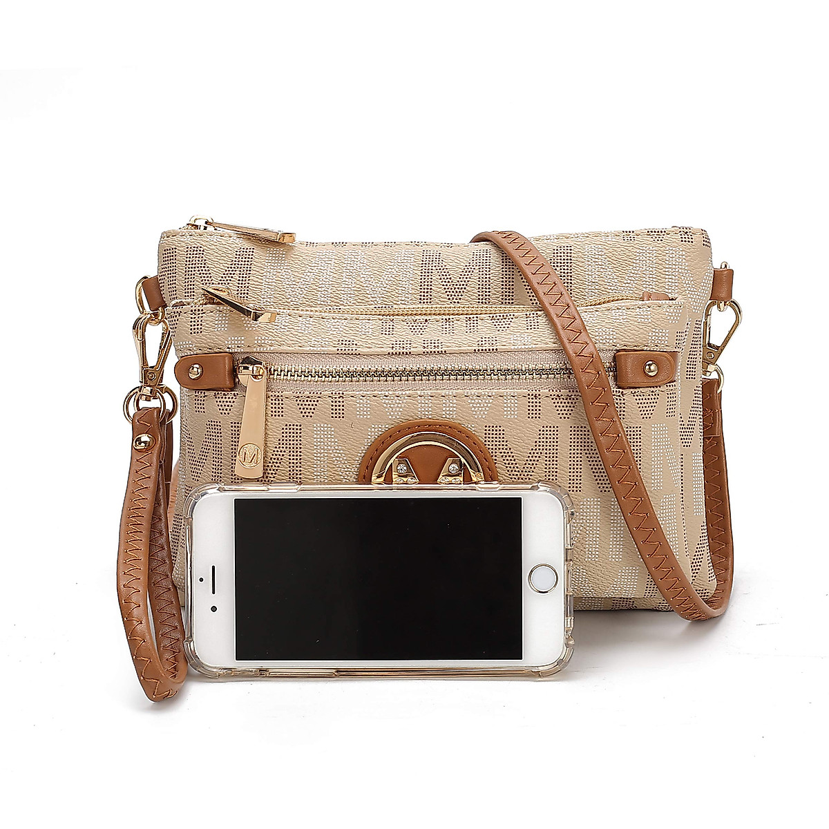 MKF Crossbody Bag for Women, Wristlet Strap – PU Leather Shoulder Handbag – Small Pocketbook Messenger Purse Tan