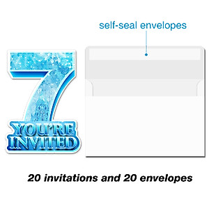 20 Ice Queen 7th Birthday Party Invitations with Envelopes Double Sided Blue Winter Snowflake Shaped Fill-in Invitations Invites for 7 Year Old