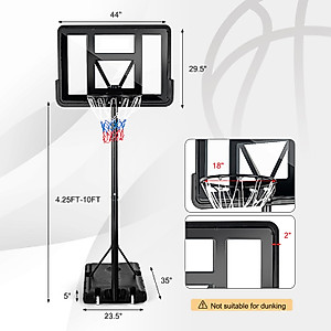 GYMAX Basketball Hoop Outdoor, 4.25 Ft to 10Ft Adjustable Basketball Goal with 44’’ Backboard & 18’’ Basket, All Weather Portable Basketball Stand w/Wheels, for Kids Youth Adult, Indoor Gym, Driveway