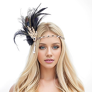 Tongcloud 1920s Flapper Feather Headband Roaring 20s Gatsby Headpiece Women's 1920s Headband Flapper Feather Headpiece (Black)