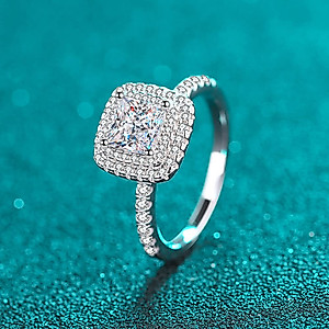 Engagement Ring for Women 1 Carat Center 7mm Classic Halo Style Cushion Shape Princess Cut Moissanite D Color VVS1 925 Sterling Silver with White Gold Plated Brilliant Cushion Moissanite Ring Size 6