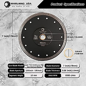 Whirlwind USA LCPM 7",Super Thin Premium Continuous Rim Tile Saw Diamond Blades,for Cutting Porcelain Tiles Granite Marble Ceramics (7 inch)