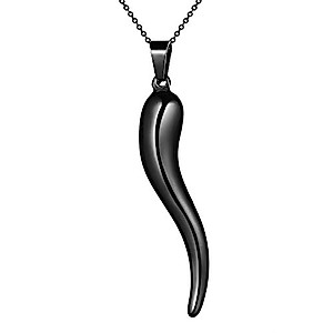 Hipunk Italian Horn Necklace Women Men - Lucky Cornicello Talisman Pendant 316L Stainless Steel Black Gun Plated Protection Amulet Chili Pepper Jewelry SP0064B
