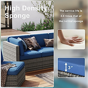 UIXE Outdoor Patio Furniture Sets with Propane Fire Pit Table, 8 Pieces Wicker Patio Sectional Sofa Lounge Couch Seating PE Rattan Conversation Set Includes 45" Gas Fire Table, Navy Blue